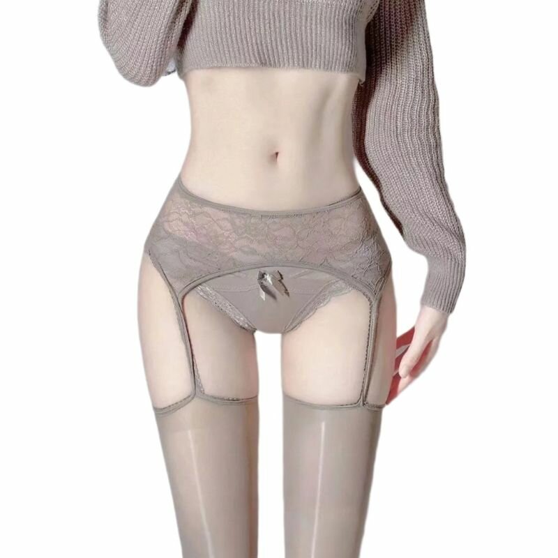 Женские чулки с кружевным поясом, прозрачные до бедра с подвязками, Серый