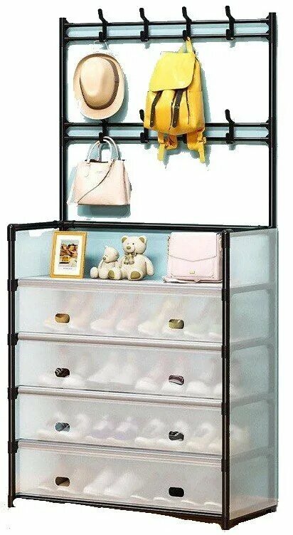 Полка для обуви в прихожую металлическая, закрытая, с вешалкой, напольная, 5 ярусов