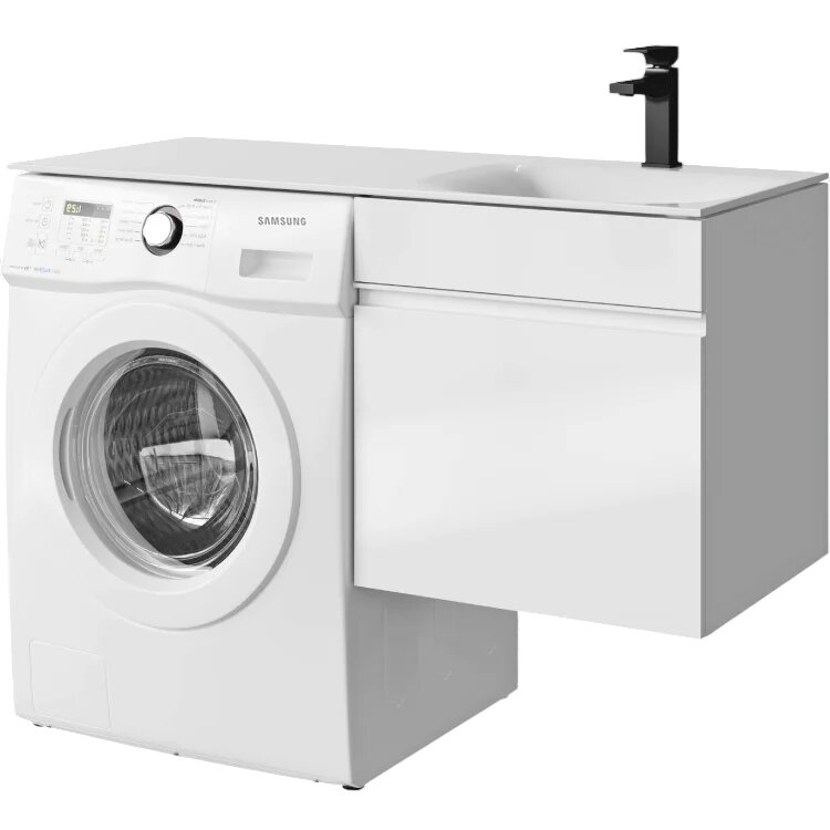 Тумба с раковиной Aqwella Duet 53 R подвесная, под стиральную машину, 115 см, белая, глянцевая, из ЛДСП, с ящиками, раковина для ванной из искусственного мрамора, прямоугольная