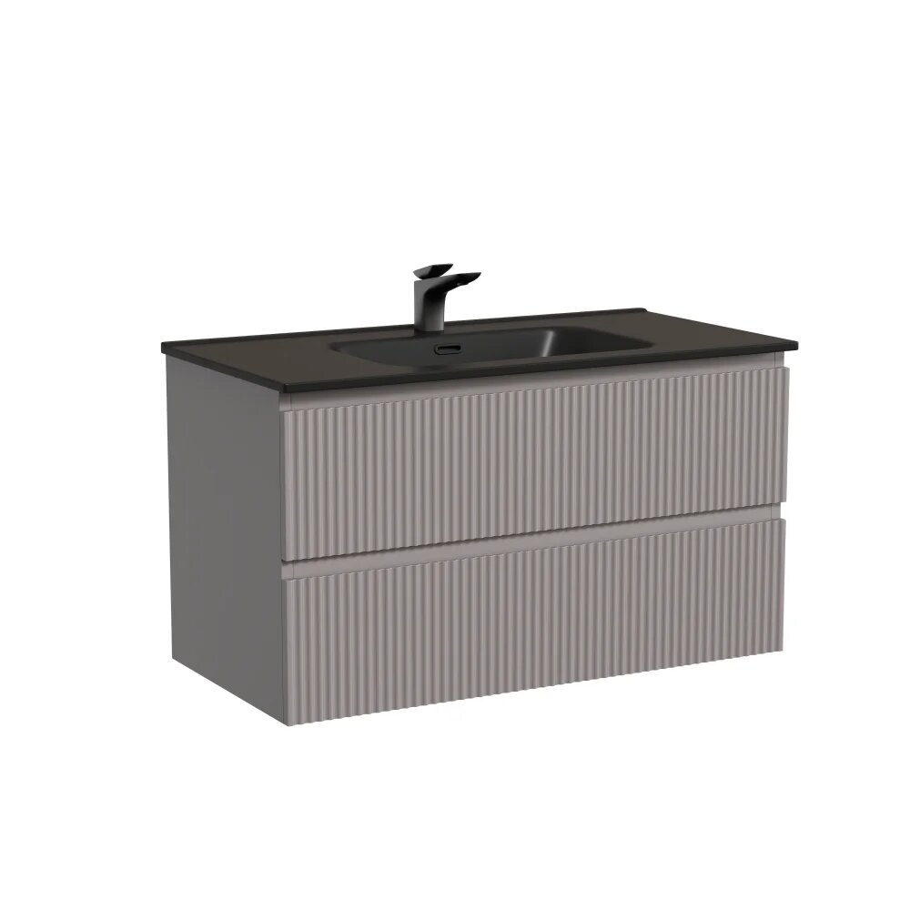 Тумба с раковиной Sancos Snob R 90 подвесная, 91 см, серая, из МДФ, с ящиками, раковина для ванной, фарфоровая, прямоугольная, встроенный слив-перелив