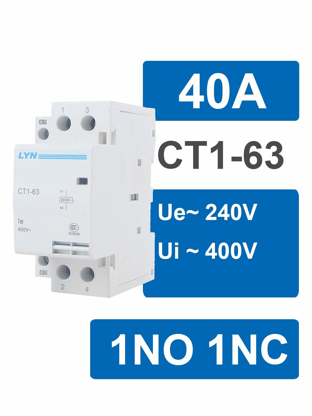 Модульный Бытовой контактор переменного тока, CT1 2P 40A 1NO 1NC, 2 полюса, DIN-рейке Нормально открытый контакт 230B