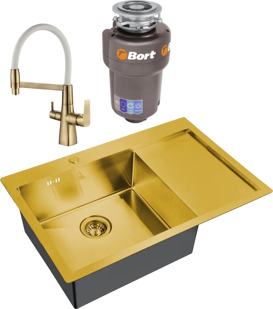 Комплект Мойка Steel Hammer SH 7851-L BRONZE 78x51, bronze, нержавеющая сталь / Смеситель SH 818-8 BRONZE с гибким изливом, бронза, матовый белый, с гибким изливом / Измельчитель Bort Titan 5000 Contr