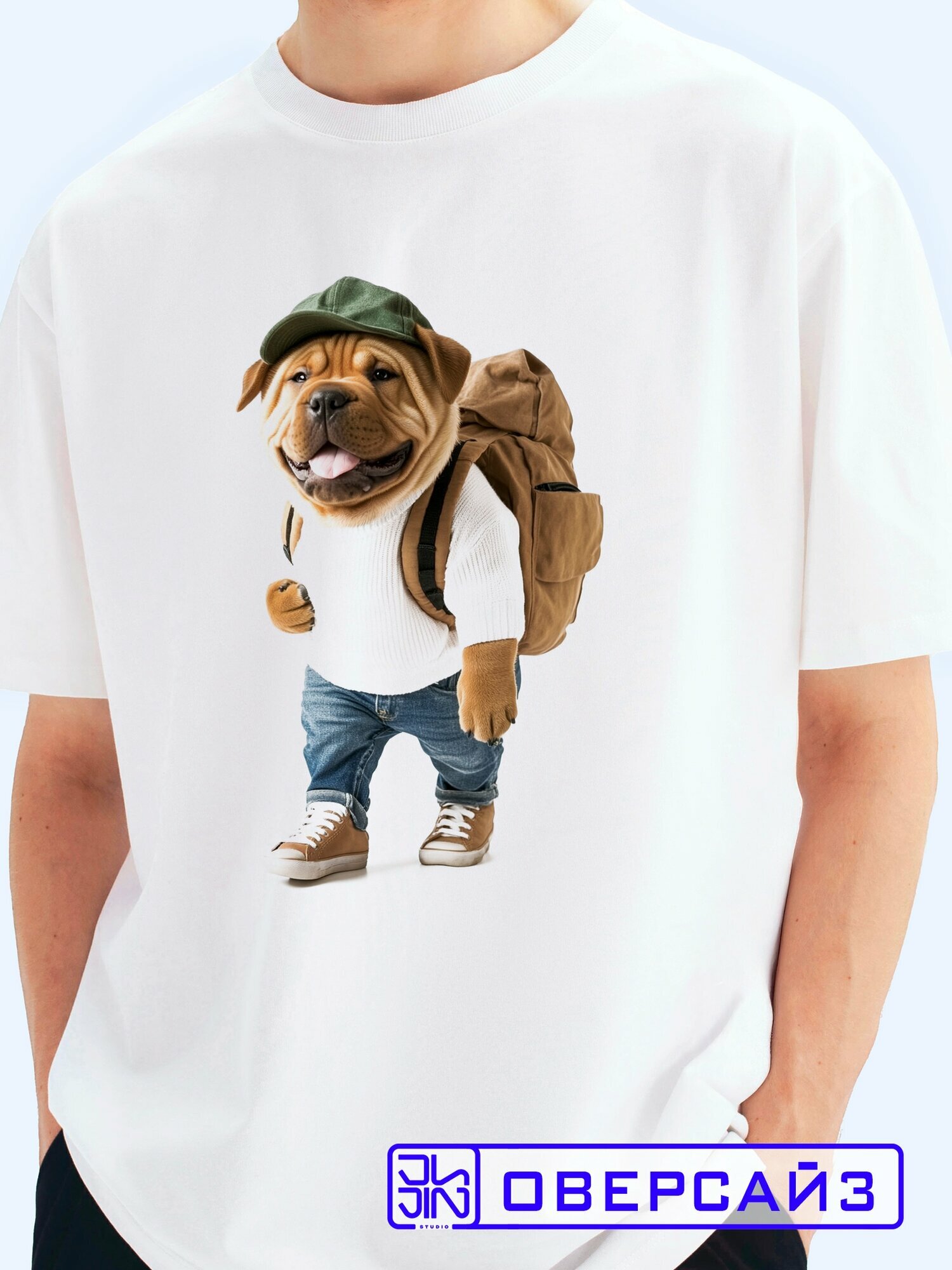 Футболка оверсайз мужская с принтом Собака в зеленой кепке и коричневом, бежевом рюкзаке со смешными мемами, белый хлопковый трикотаж с прикольным рисунком на груди