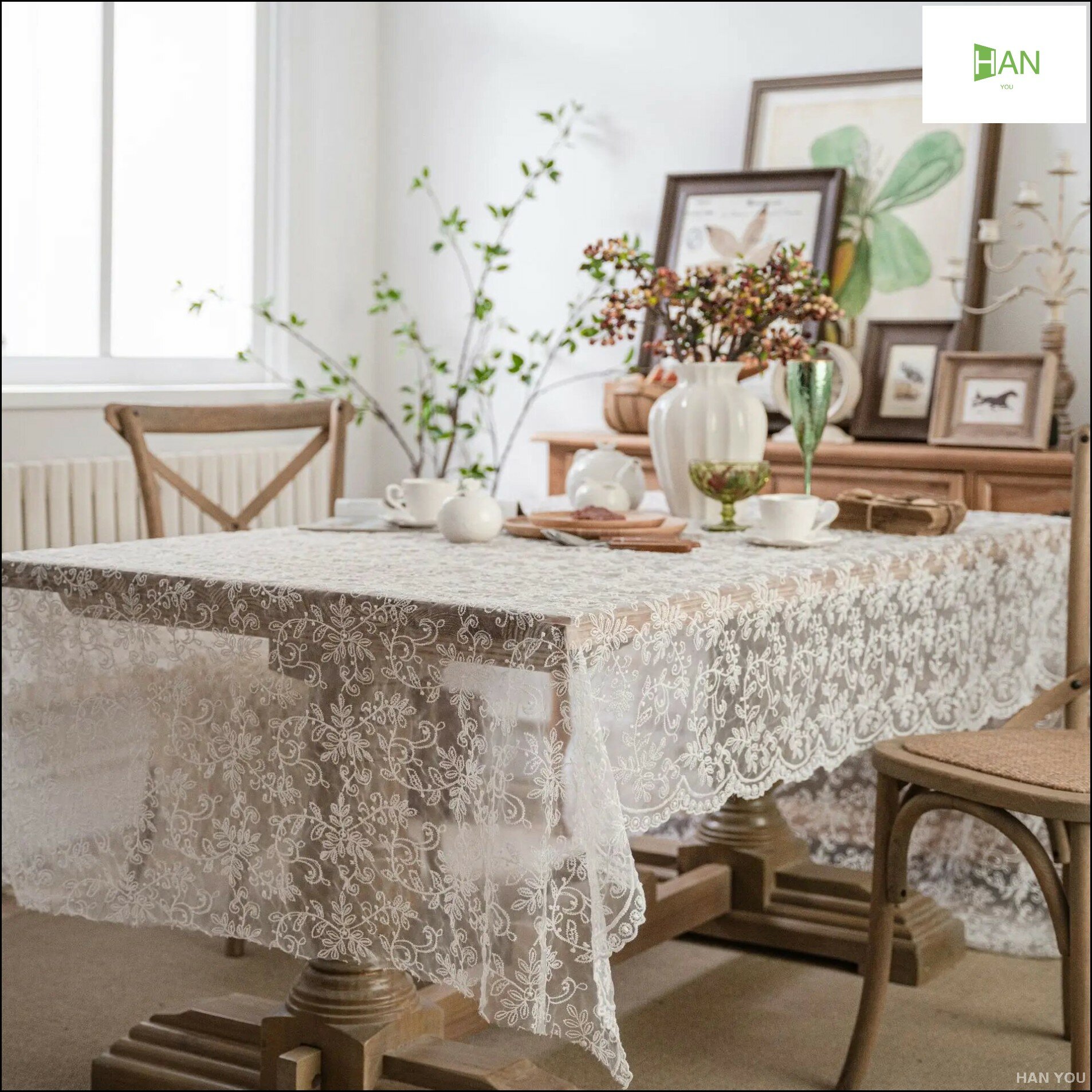 Эксклюзивная скатерть 130x160 см из белого полиэстера с кружевом