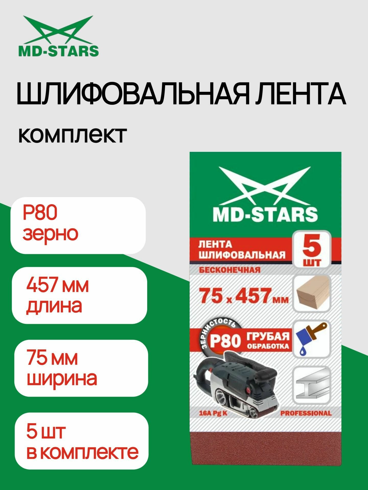 Комплект шлифовальных лент 5шт 75*457мм/ Р80