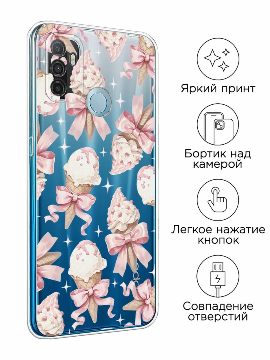 Чехол на Oppo A53 / Оппо А53 с принтом "Мороженое с бантиками", прозрачный — фото 1