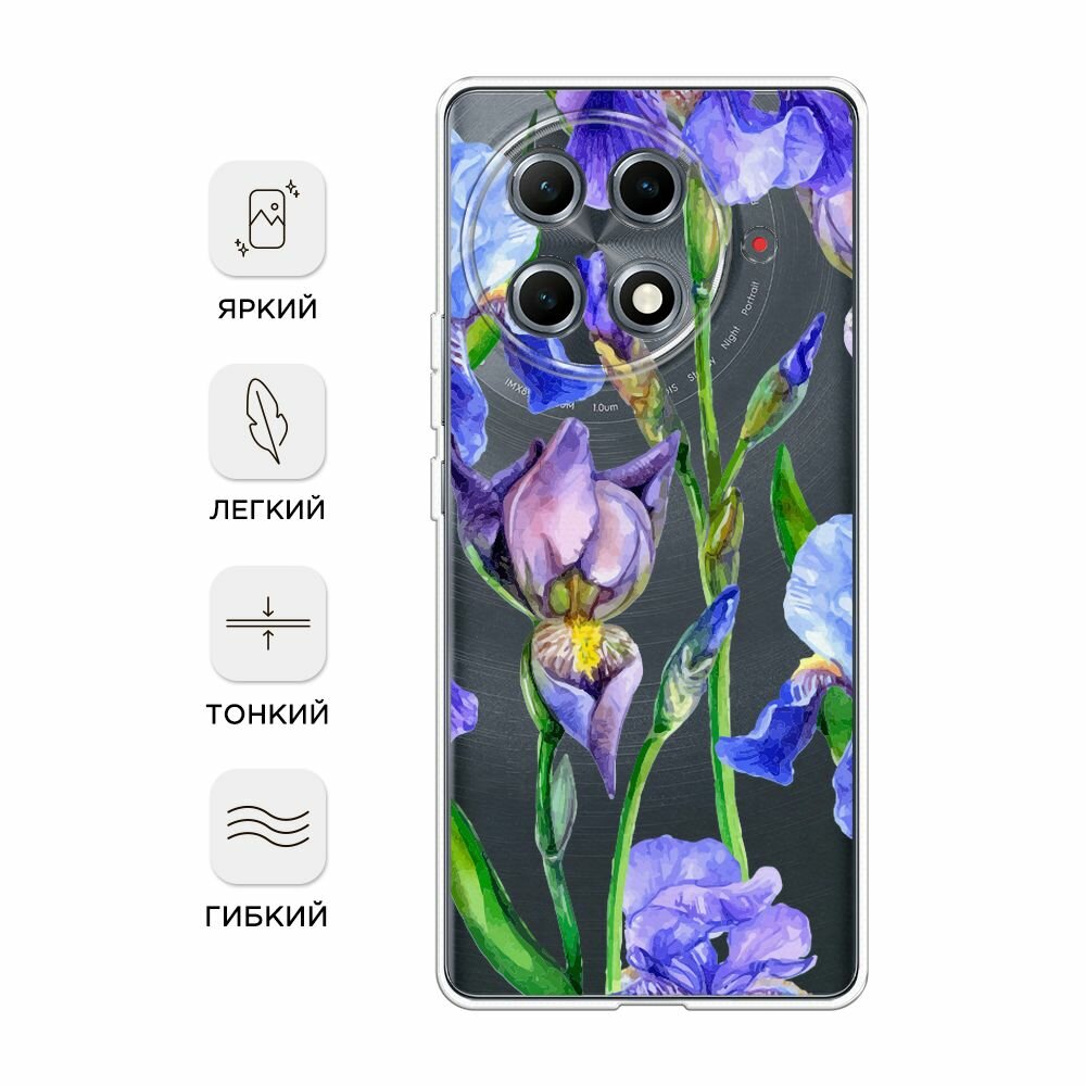 Чехол на Tecno Camon 30S Pro / Текно Камон 30S Про с принтом "Синие ирисы", прозрачный — фото 1