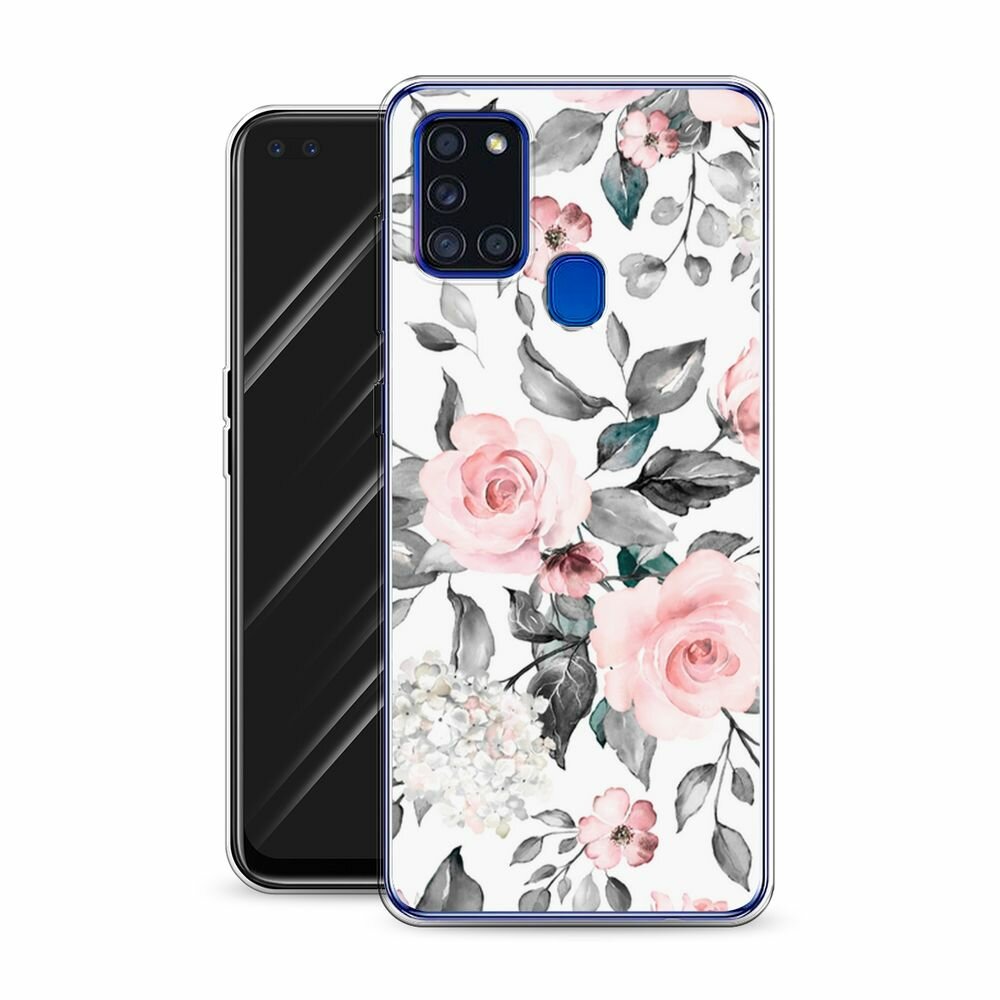 Чехол на Samsung Galaxy A21s / Самсунг Галакси A21s с принтом "Розы на белом" — фото 1