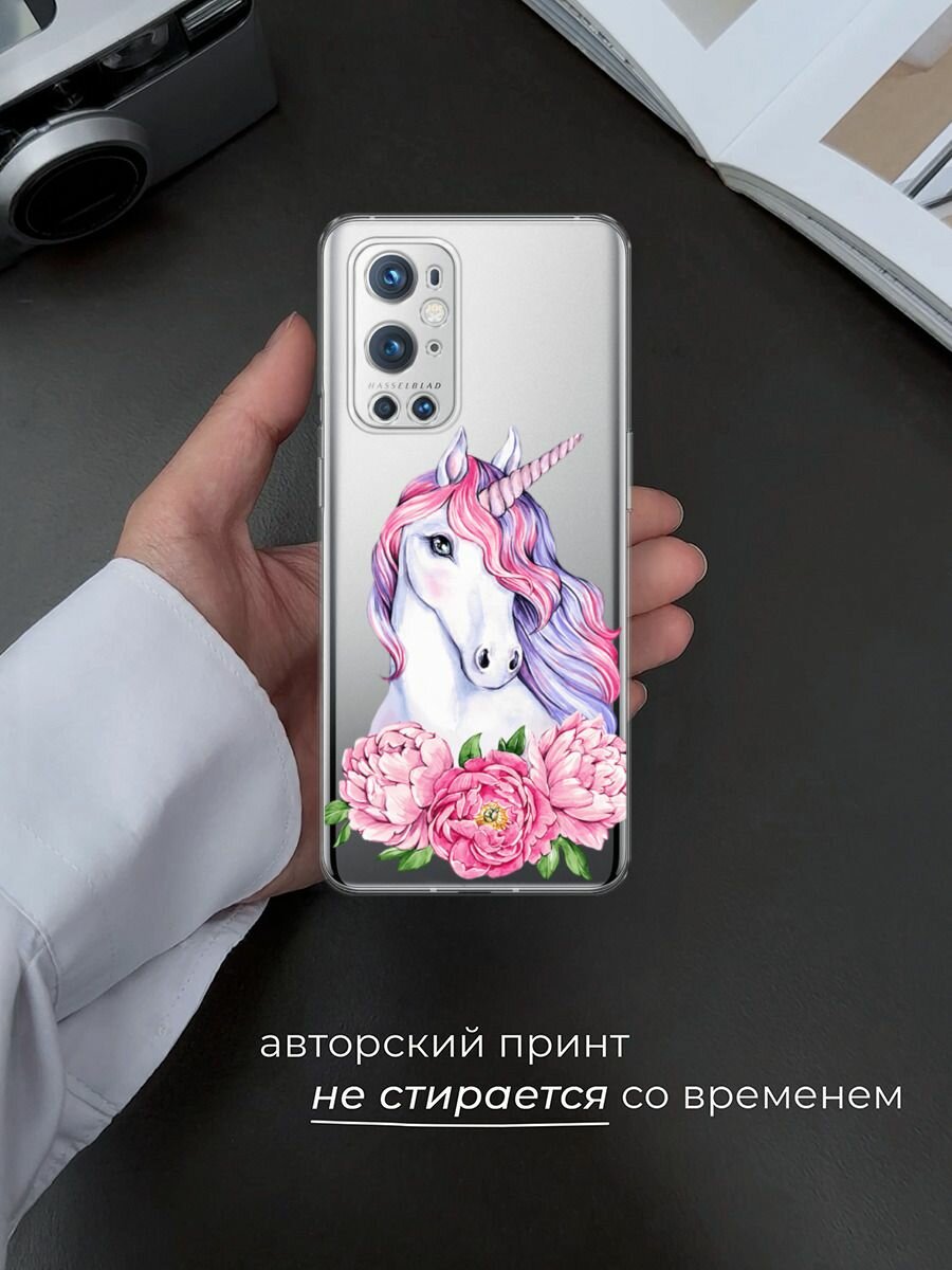 Чехол на OnePlus 9 Pro / ВанПлас 9 Про с принтом "Единорог с пионами", прозрачный — фото 1