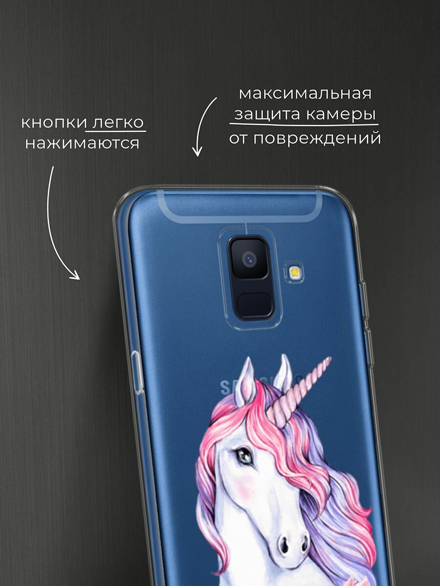 Чехол на Samsung Galaxy A6 / Самсунг Галакси А6 с принтом "Единорог с пионами", прозрачный — фото 1