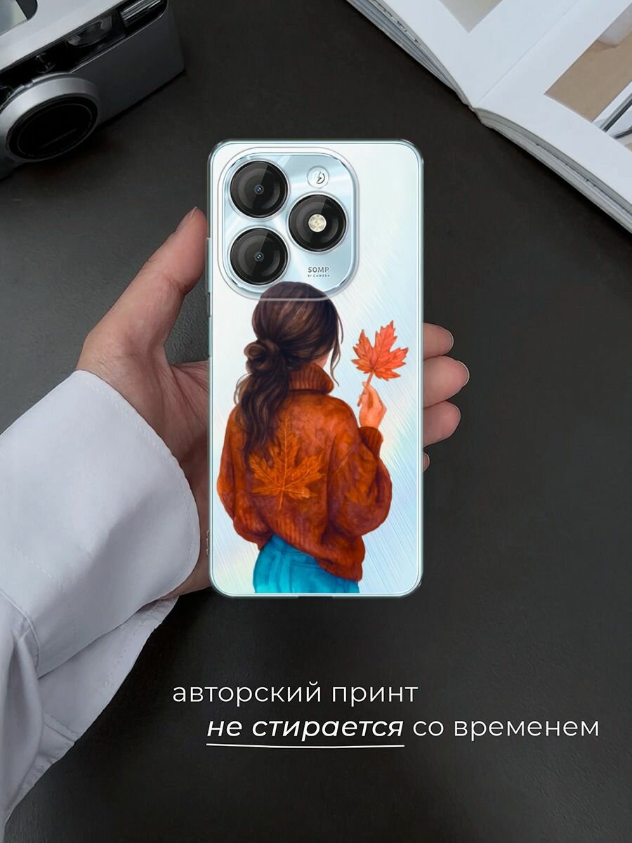 Чехол на Itel P55 / Ител Р55 с принтом "Девушка с опавшим листом", прозрачный — фото 1