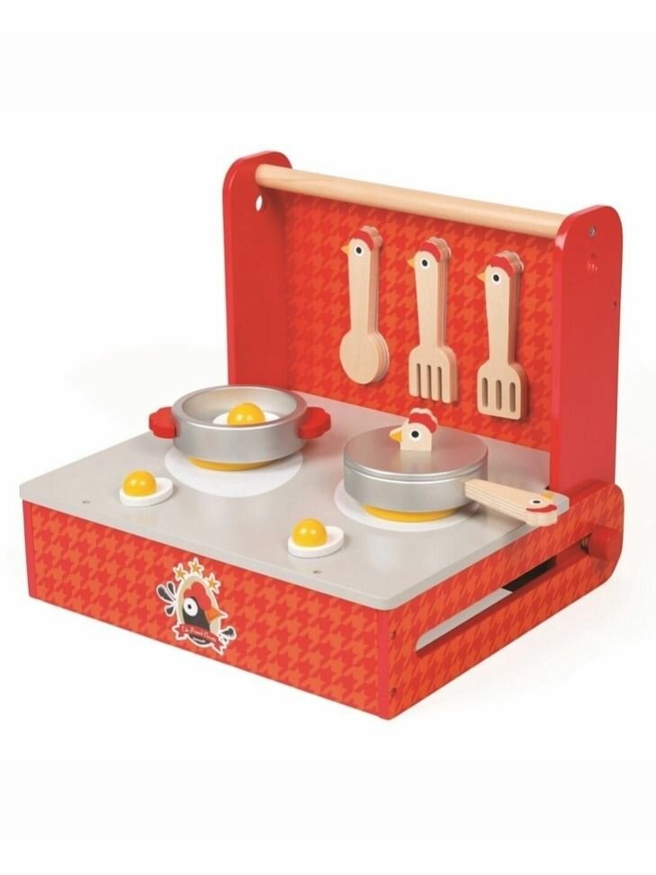 JANOD Переносная кухня-чемоданчик Курочка с аксессуарами, деревянный игровой набор для детей от 3 лет