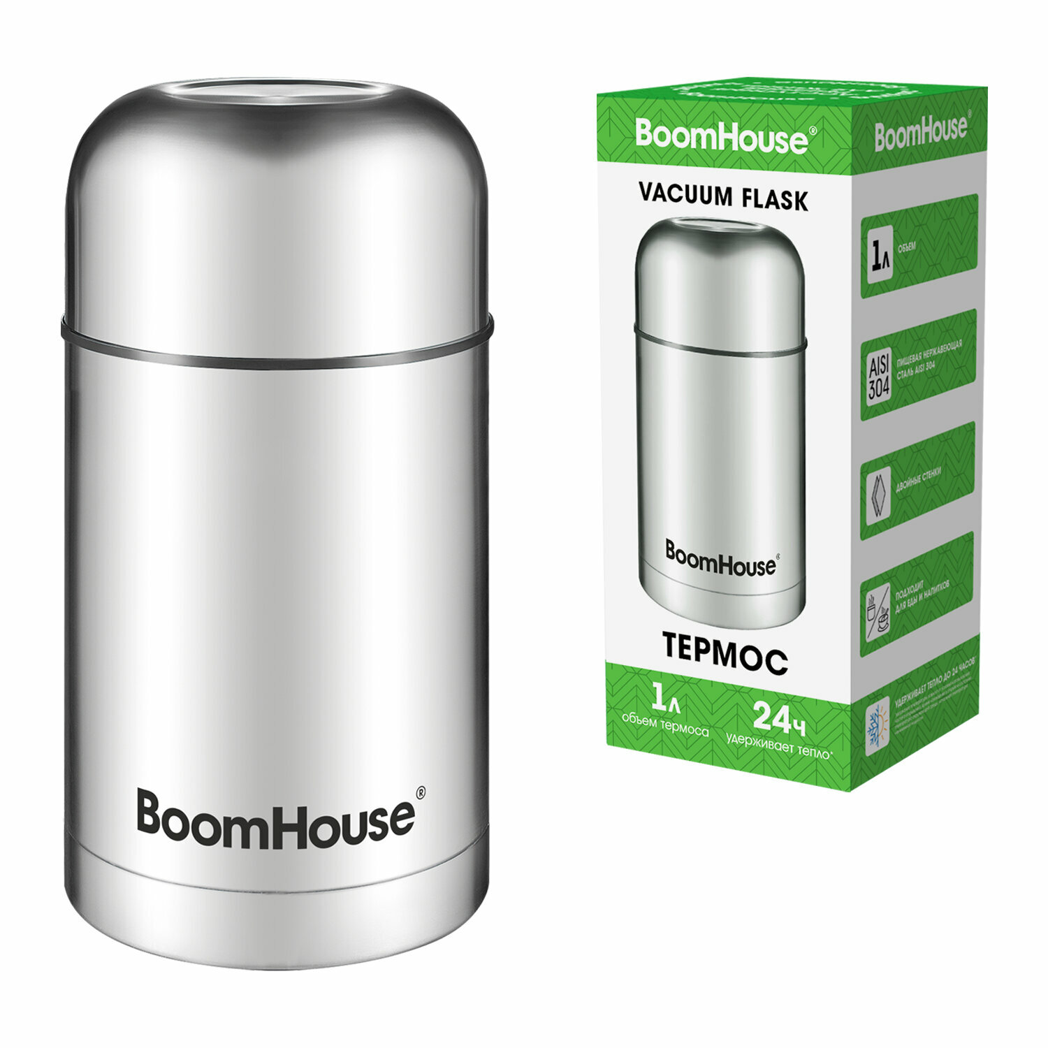 Термос BoomHouse 1 л для еды, напитков с широким горлом, Wide, нержавеющая сталь Sus304, серебристый