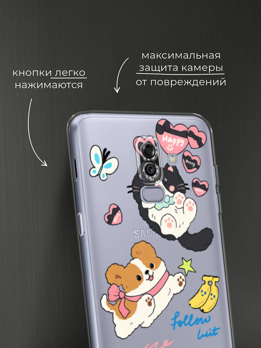 Чехол на Samsung Galaxy J8 / Самсунг Галакси Джей 8 с принтом "Кудрявые животные", прозрачный — фото 1