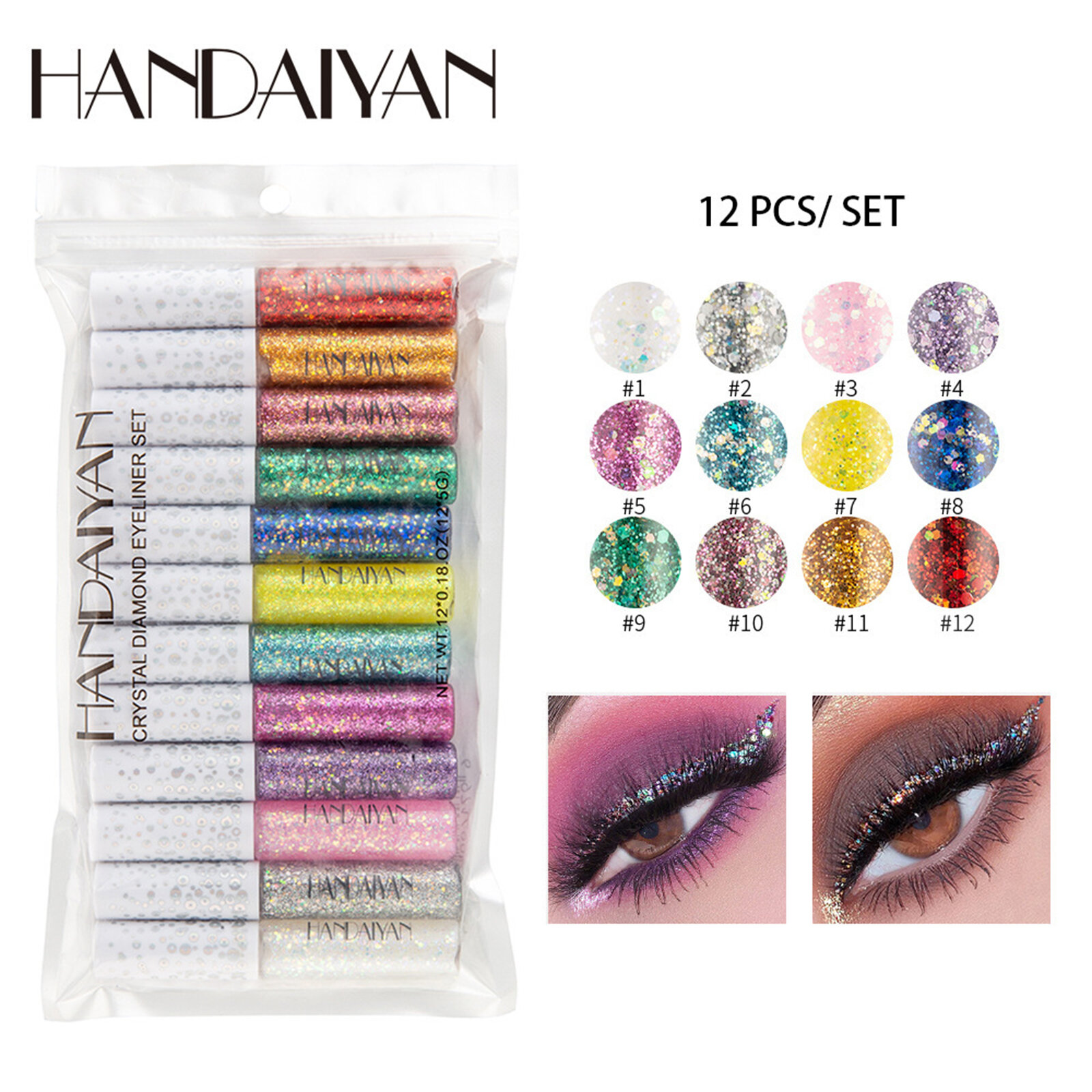 Набор теней для век HANDAIYAN 12 Colour Glitter Liquid Eyeliner Eyeshadows Metallic Shimmer Sparkling Eyeliner, 12 шт.