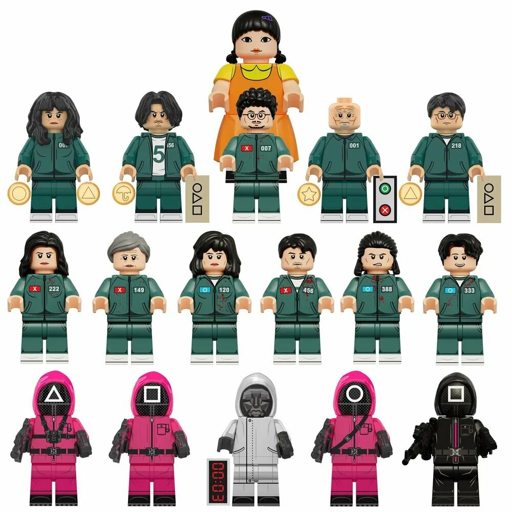 Mинифигурки "Игра в кальмара": Надзиратель Квадрат и Сон Ги Хун (Игрок 456). совместимы с легo конструкторами,17 шт.