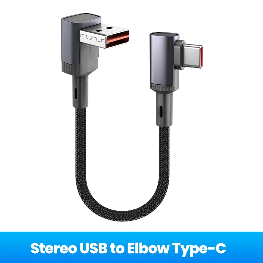 Короткий кабель для передачи данных 90 градусов, 66 Вт, USB A to Type C, кабель для быстрой зарядки для iPhone 15 16 17 Xiaomi Samsung Huawei Power Bank