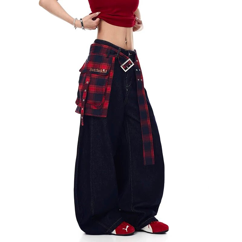 Охоты Брюки JYL Женские джинсы Чистый цвет Темно-синие Oversize Харадзуку японский 2000-х свободный винтаж