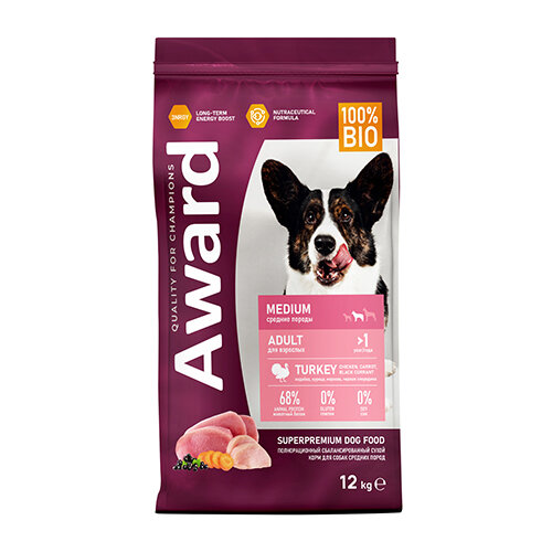 Сухой корм Авард для взрослых собак Средних пород Индейка курица морковь черная смородина 12 кг