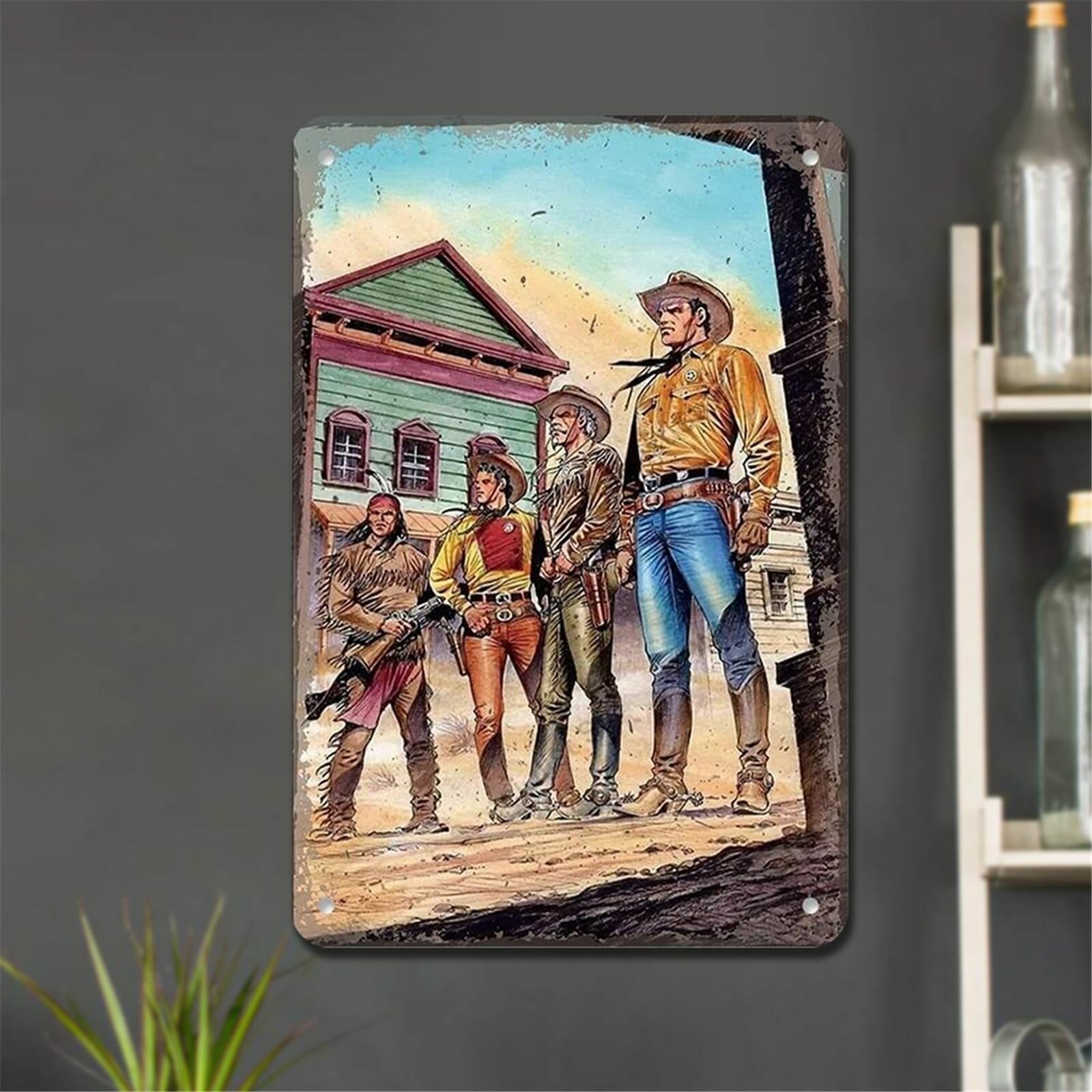 Плоская жестяная картина размером 30*40 см. Серия ковбойских вестернов. Подходит для украшения дома