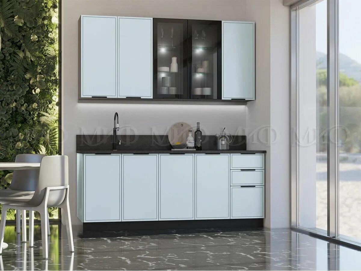 Кухонный гарнитур 2м/900 (490) Николь браш деним блю, графит со столешницей, МИФ