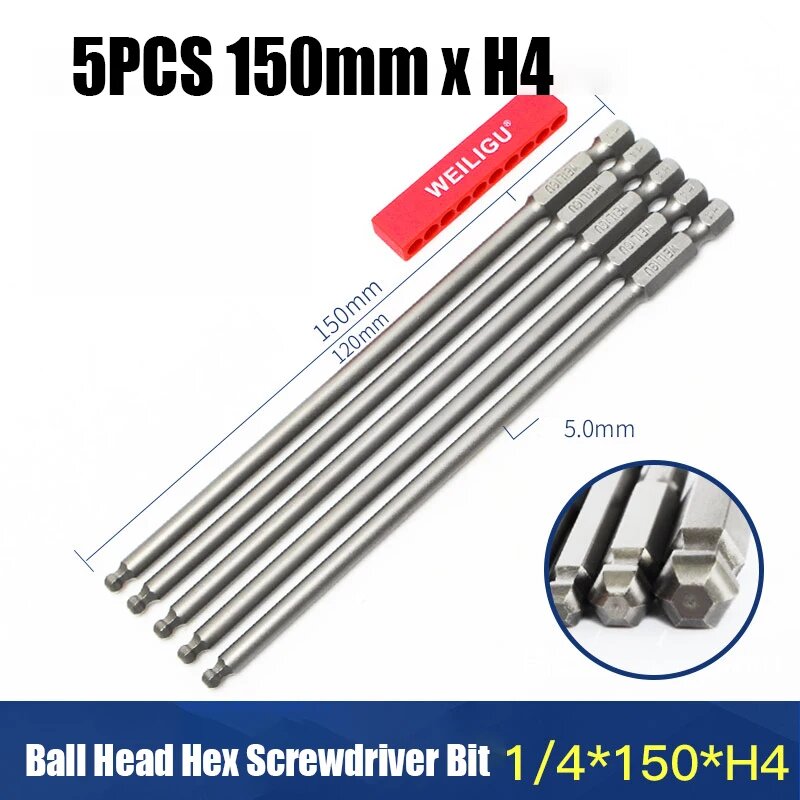 65/100/150/200 мм Стандартный шестигранный набор бит для отвертки Метрическая Магнитная шаровая Головка шестигранный отвертка инструмент 1/4 "6,35 мм шестигранный хвостовик 5PCS 150mm x H4