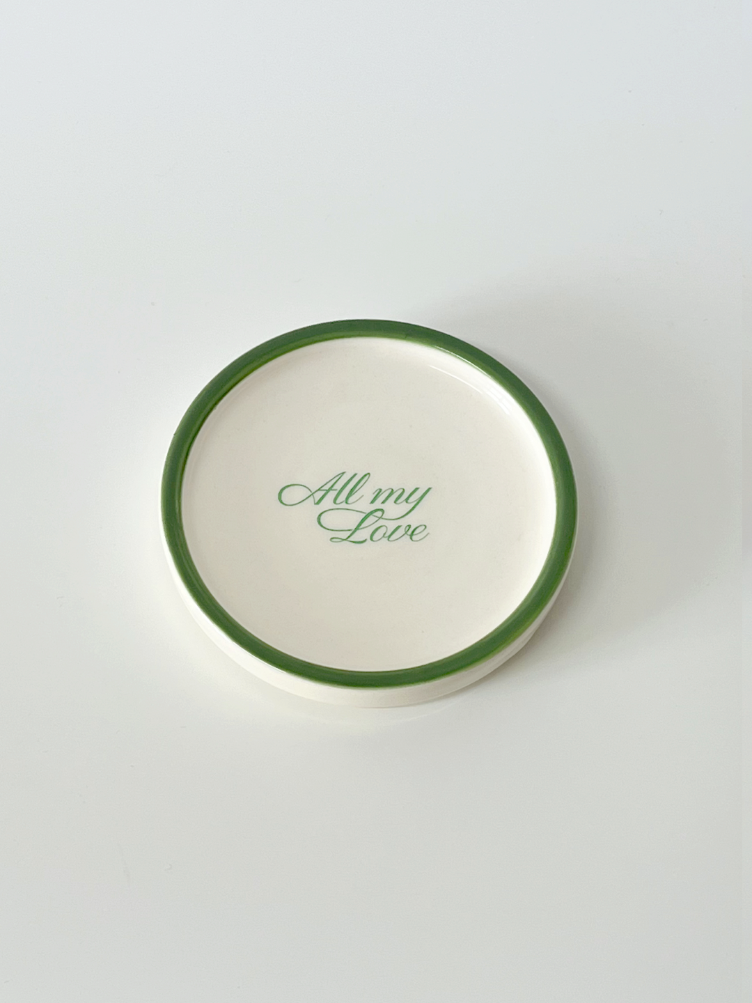 Блюдце "All my love", керамика, диаметр 10см, штабелируемое, зеленый кант