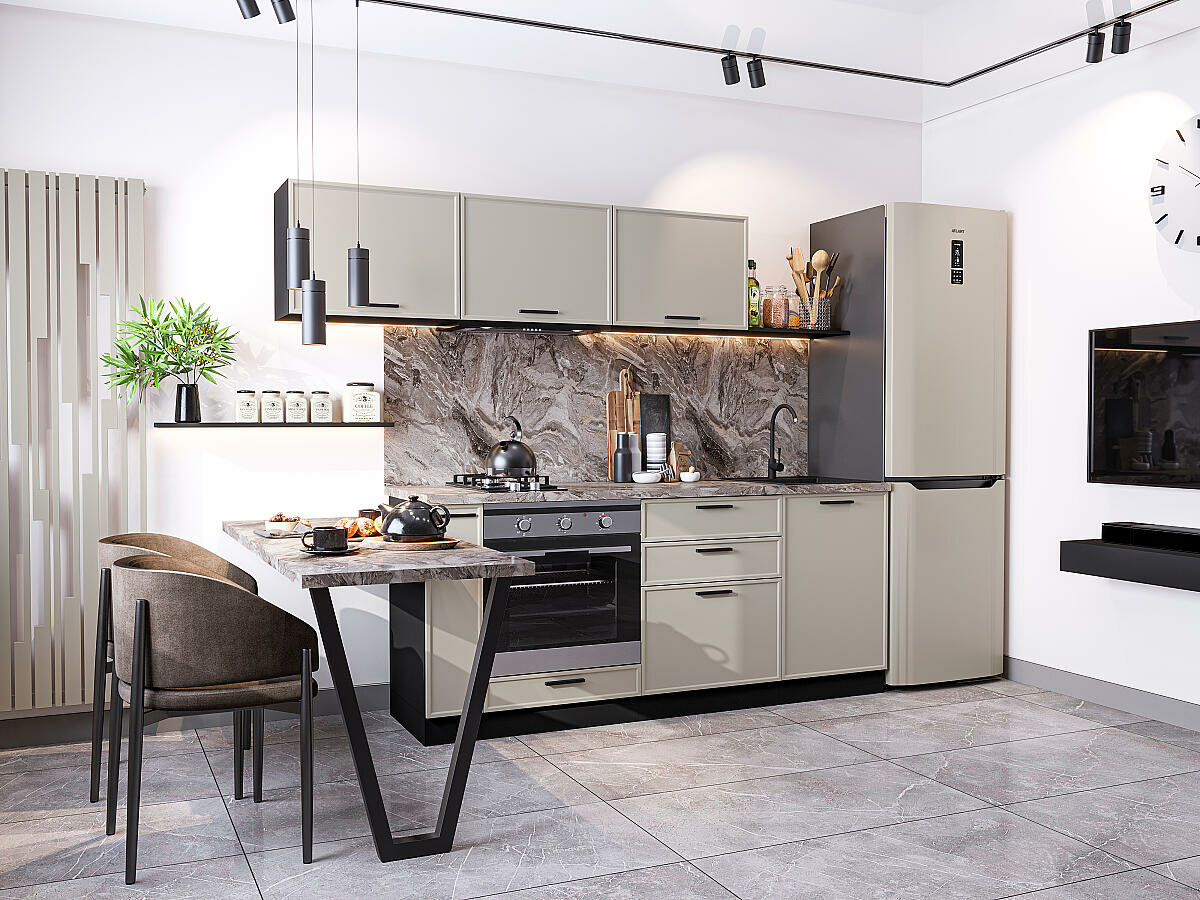 Готовый кухонный гарнитур кухня 2,3 м. без столешницы Фрейм-01 Clay Silk, Graphite 230х178х60 см