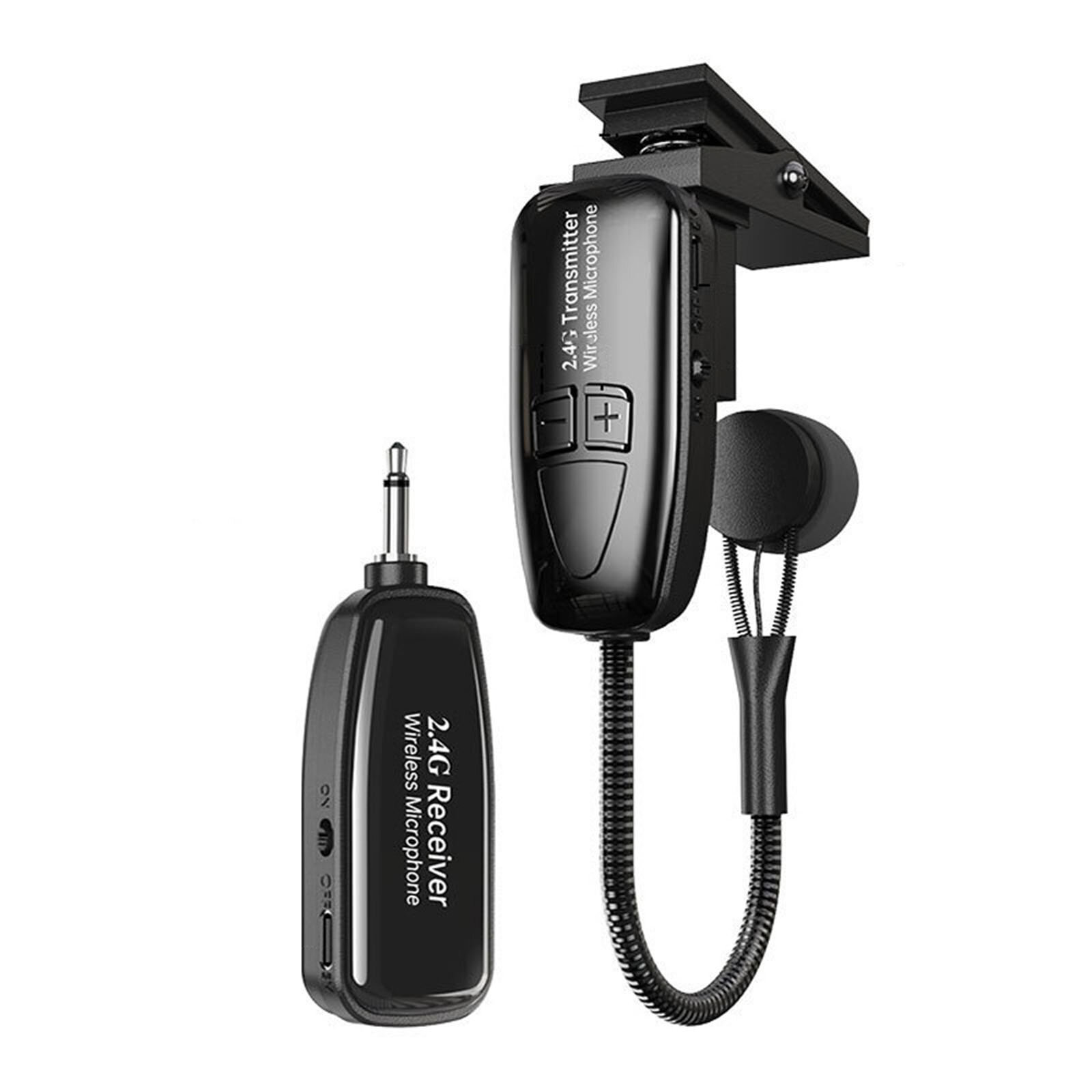 2.4G Набор приемника беспроводного микрофона для саксофона с шумоподавлением черного цвета, 120mAh батарея передатчика, 120mAh батарея приемника, размер передатчика 2.8*1.6*20cm, размер приемника 2.8*1.6*8cm, для саксофона, виолончели, с кабелем зарядки,