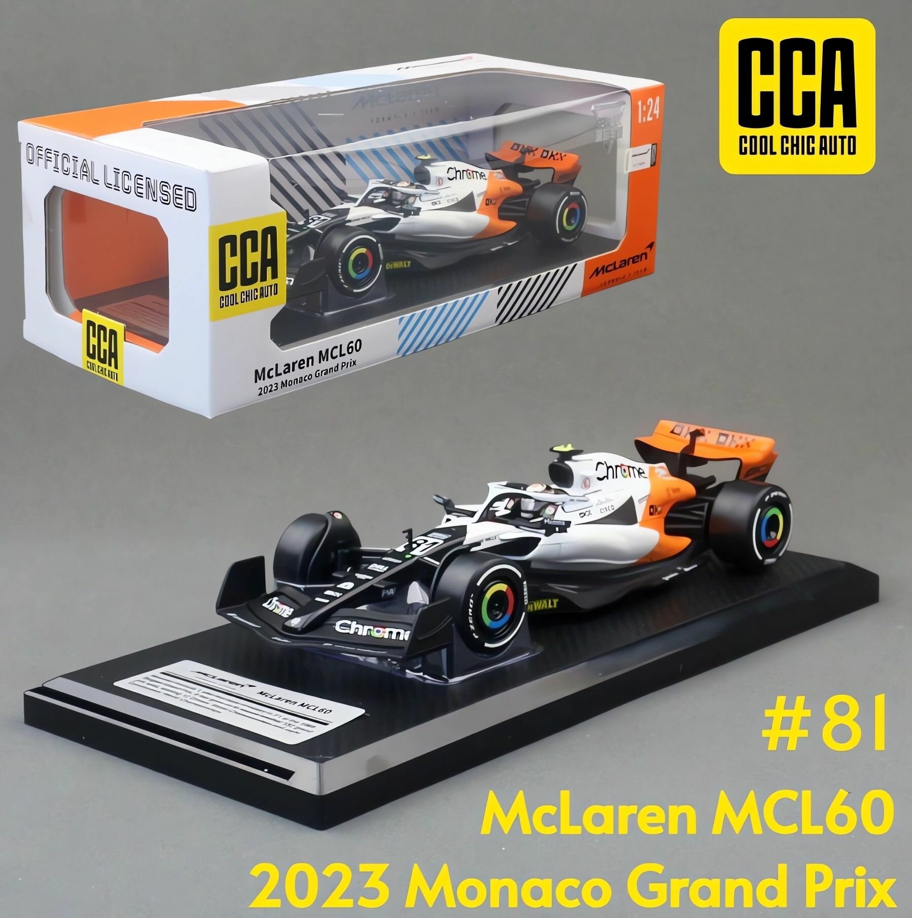 Коллекционная модель болида Формулы-1 "McLaren MCL60". Макларен. Ливрея Гран-при Монако 2023 года (Оскар Пиастри №81) Масштаб 1:24
