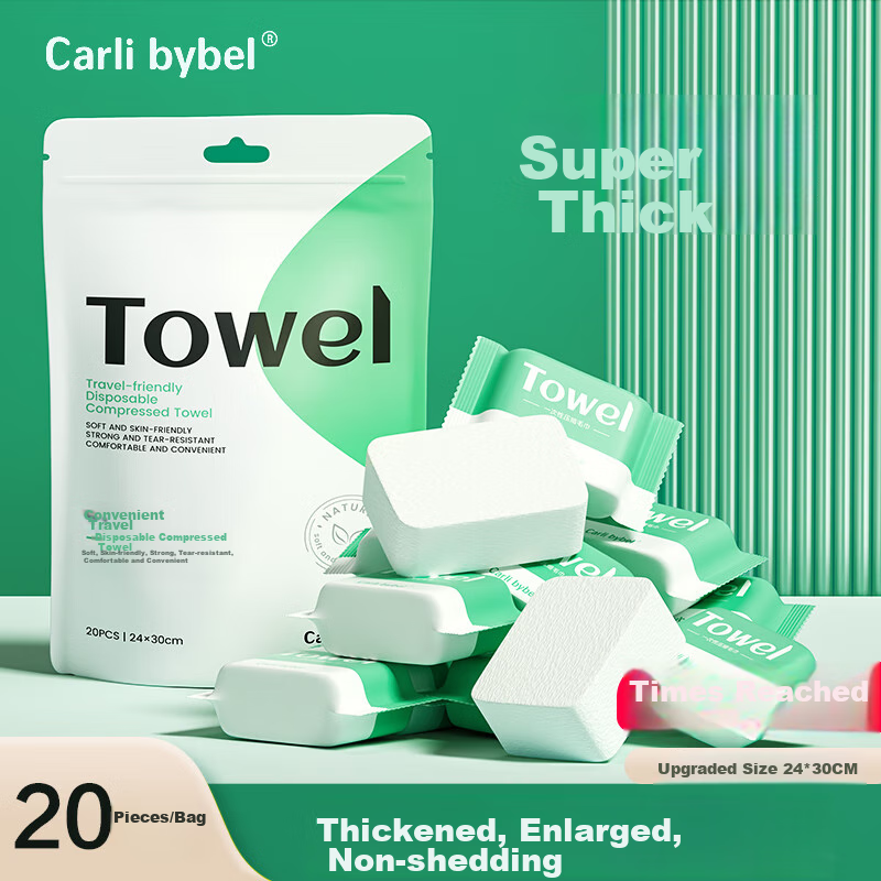CARLI BYBEL Compressed Towels, Extra Large And Thick, Disposable Face Wipes, Travel Face Towels, Cleansing Wipes, Wet And Dry Use, 20 Pieces