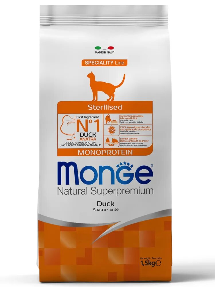 Сухой корм Monge Cat Speciality Line Monoprotein Sterilised для стерилизованных кошек, из утки, 1.5 кг
