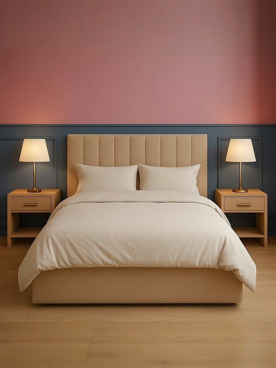 Кровать двуспальная 160х200 с подъемным механизмом, ящиками для белья, ортопедическим основанием, Светло-бежевая, Линдон