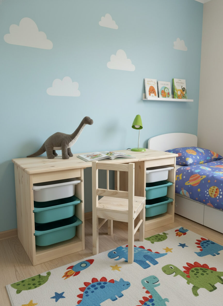 Детский стол и стул (комплект) Труфаст Trofast, сосна (с контейнерами 2 белых, 4 бирюзовых)