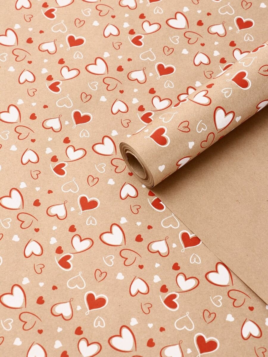 Бумага упаковочная крафт Сердечки 2 красный/белый цвет на коричневом фоне 0.72х10 м, 60 г