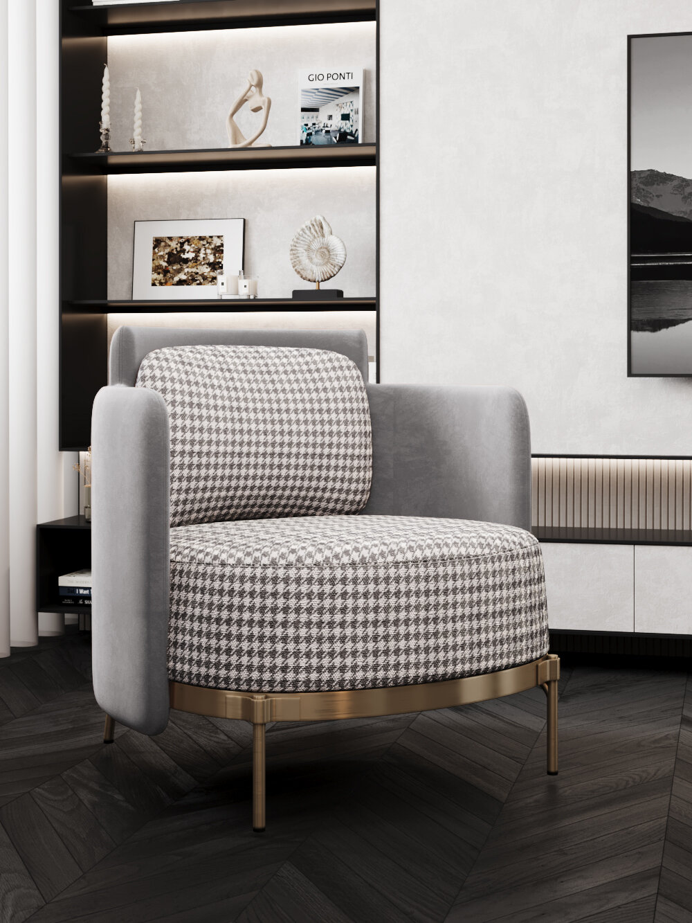 Кресло дизайнерское ROBUSTO GRANDE гусиная лапка и велюр с подлокотниками. Размер 81х42х70х75