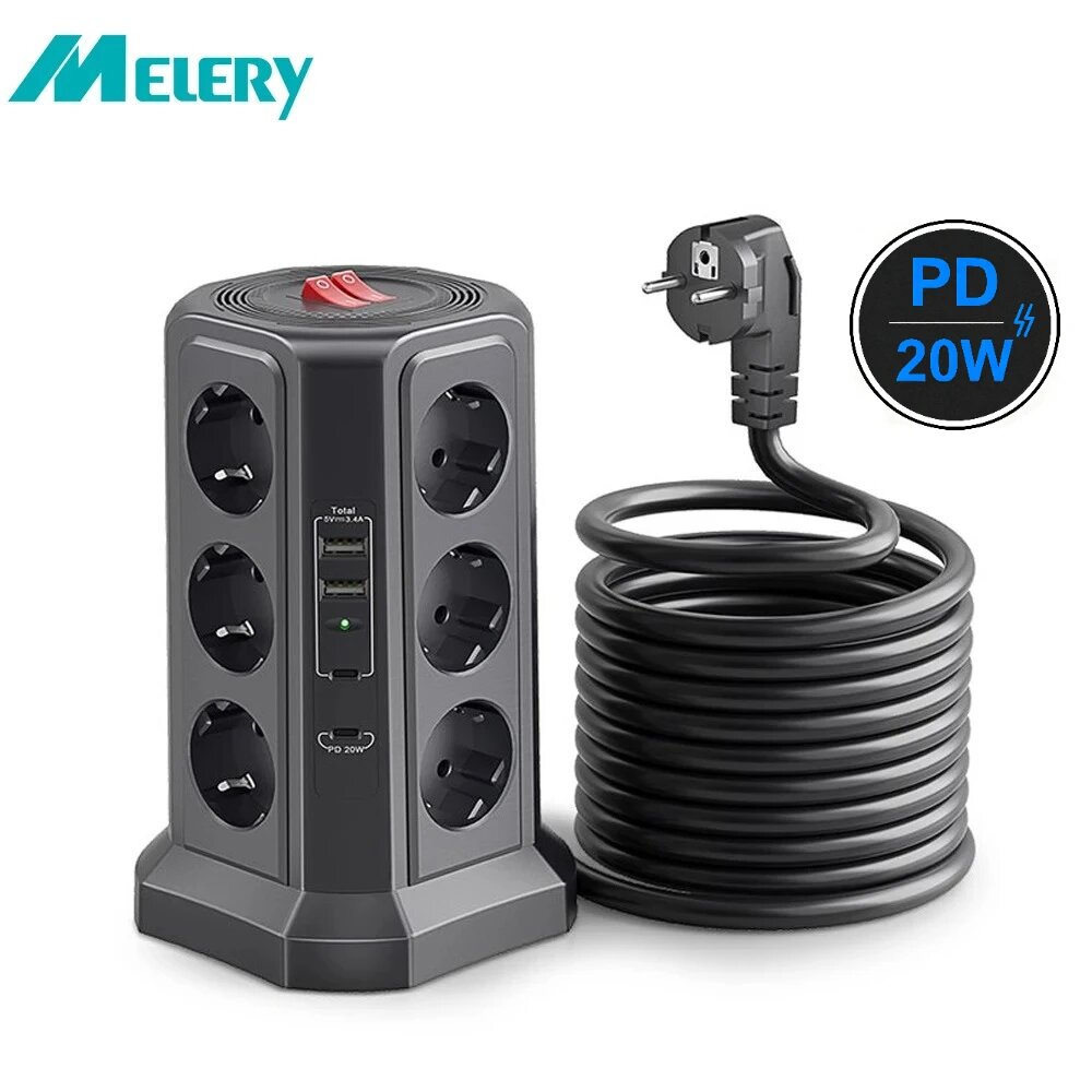 Melery Башенный удлинитель 12 розеток с USB