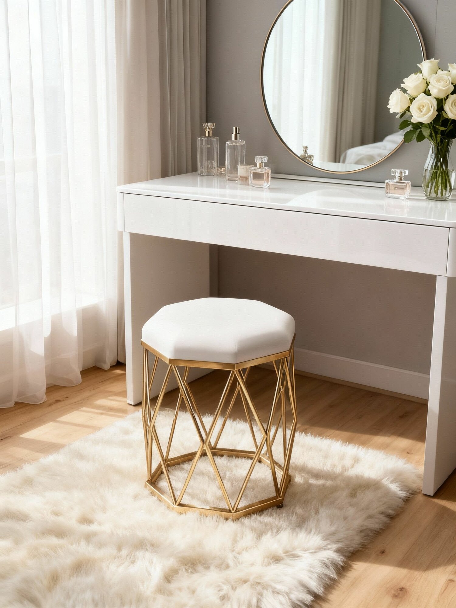 Туалетный столик со стулом 32x32x42 см, кожаное сиденье, металлический каркас, для спальни и макияжа