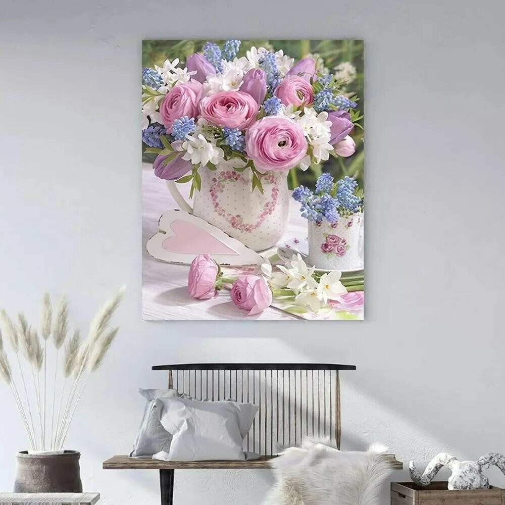 Алмазная мозаика большая картина "Мечтательные цветы" 30х40 см со светящимся в темноте стразами и 5Д элементами