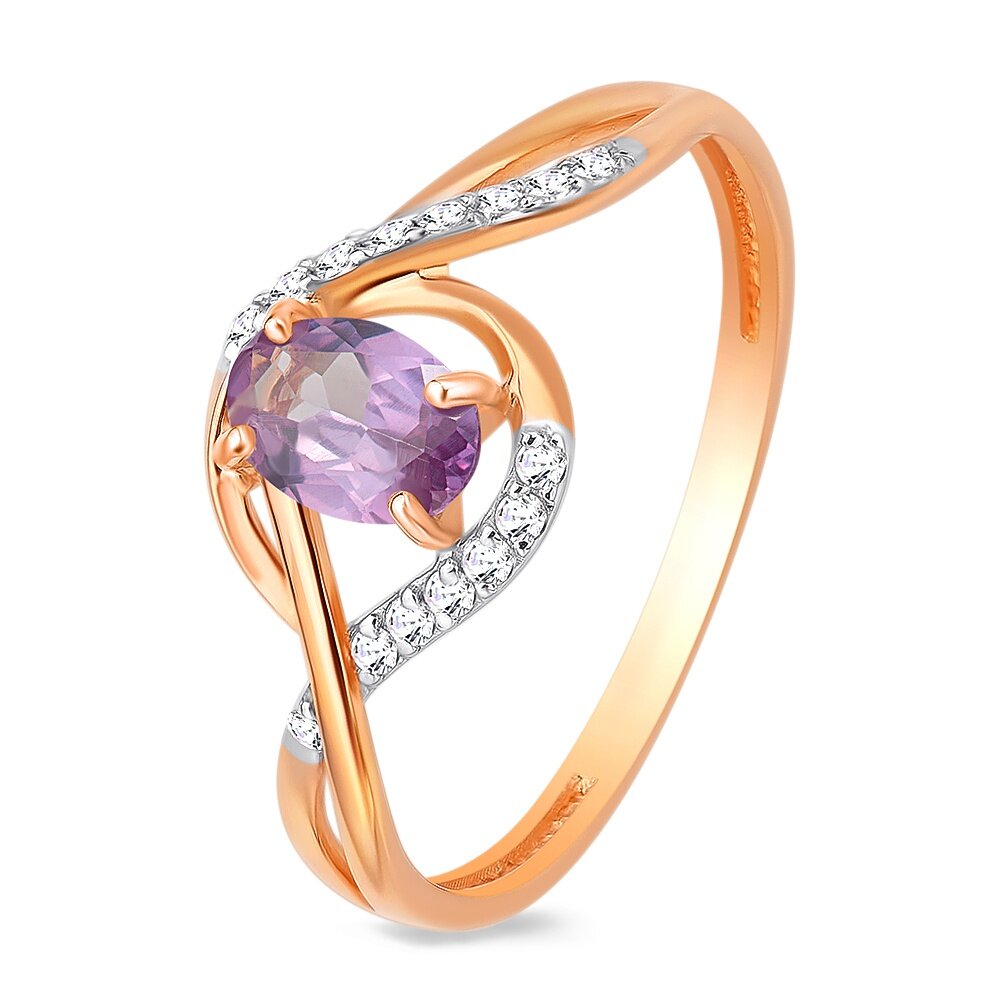 Кольцо, красное золото, 585 проба, родирование, фианит, александрит синтетический