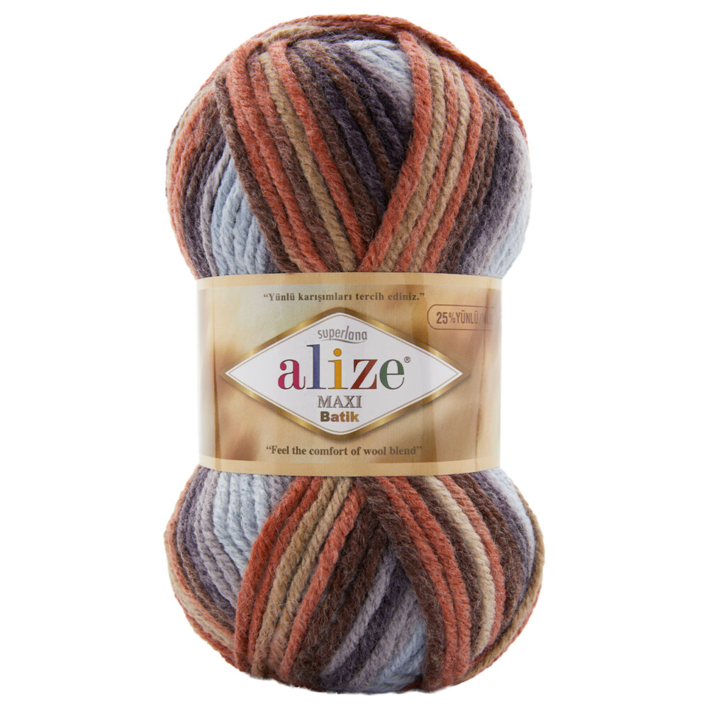 Пряжа для вязания Alize Superlana maxi batik 7942 голубой коричневый красный. 100 гр/100 м 25% шерсть, 75% акрил