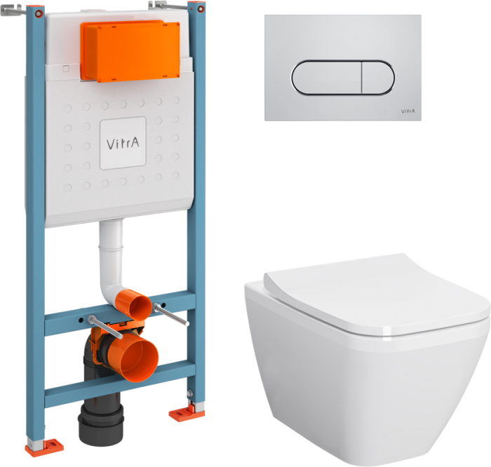 Комплект Унитаз подвесной VitrA Integra Square белый глянцевый + Крышка с микролифтом, петли хром + Инсталляция VitrA V-Fix Core + Кнопка смыва Root R 740-2280 хром