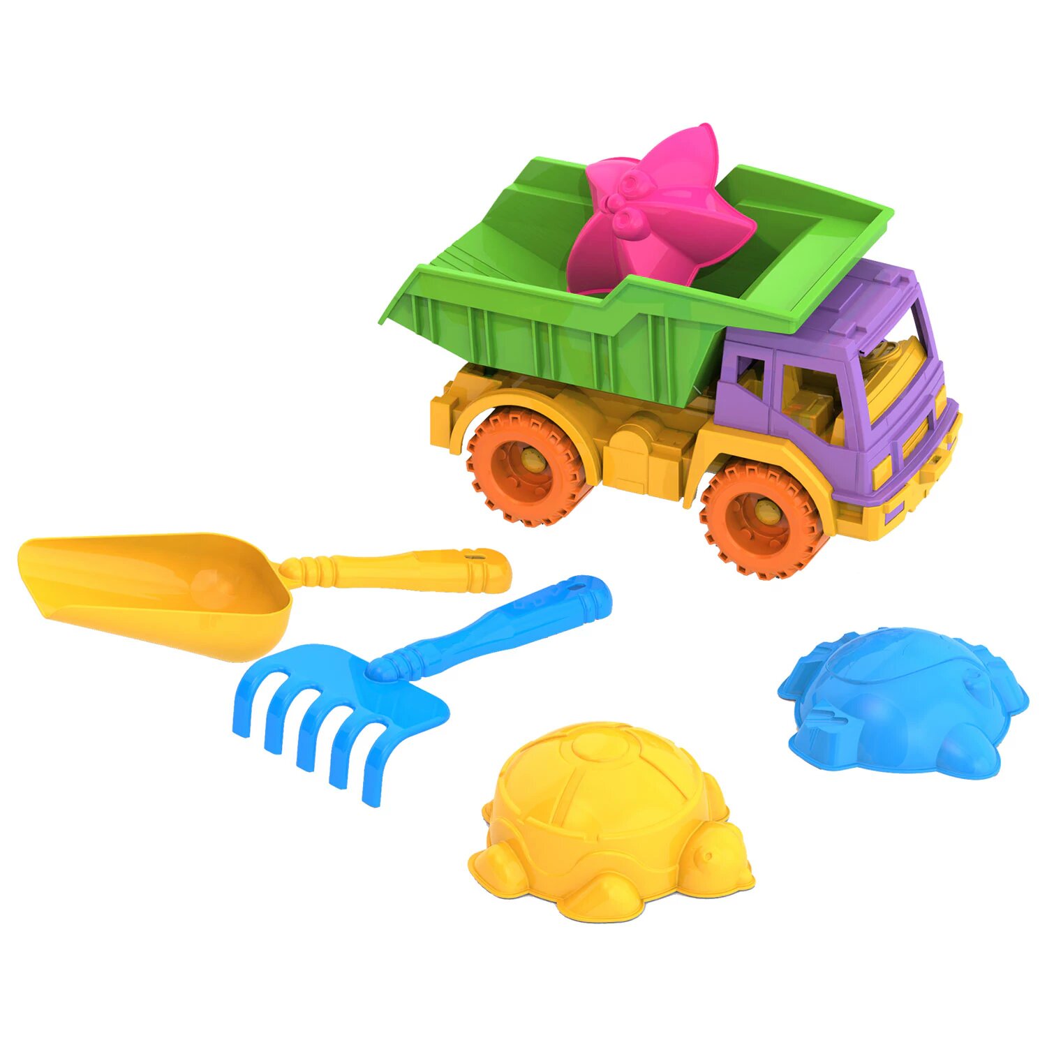 Набор для игр в песке: самосвал "Кама", совочек, грабельки, 3 формочки "Морские", нордпласт, 2шт.