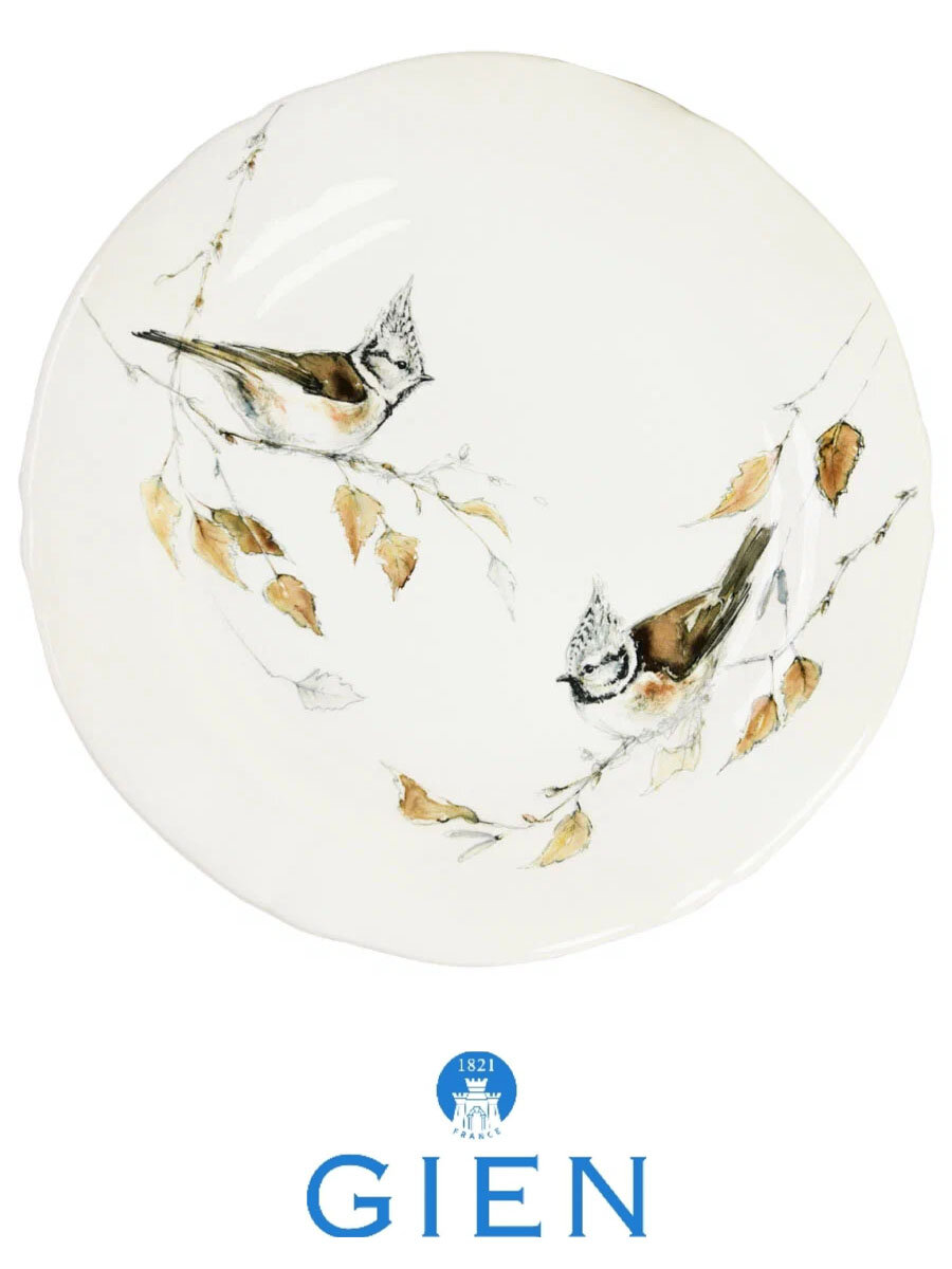 Тарелка десертная Gien Oiseaux Foret Хохлатая синица, 23 см, фаянс, 1 шт.