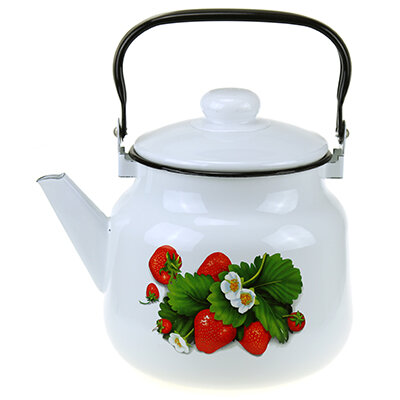 Чайник Лысьвенские эмали "Земляника", эмалированный, 3,5 л, металлическая крышка с пластмассовой ручкой-кнопкой, подвижная металлическая ручка, белый (01-2713/4-Земл)