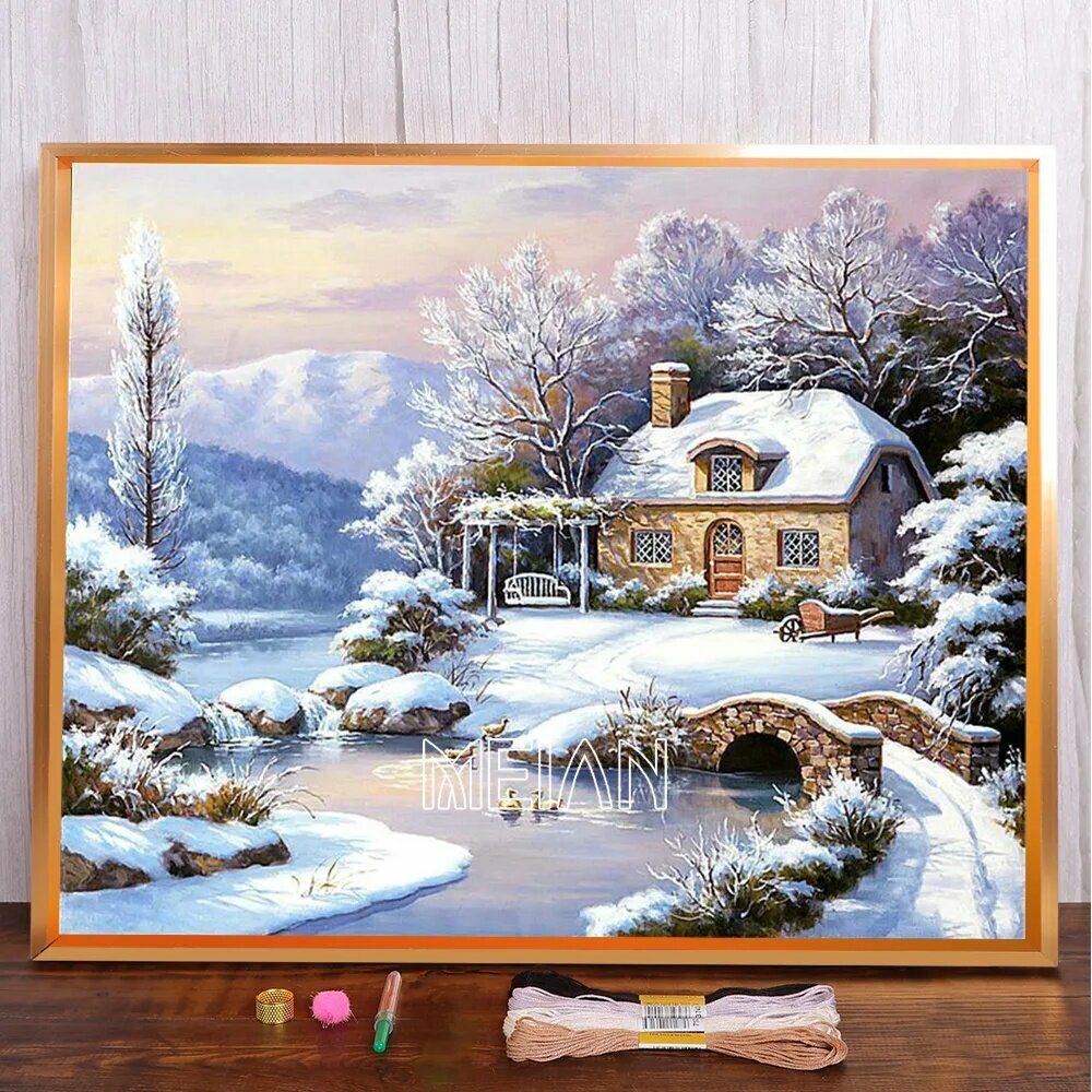 MEIAN Набор для вышивания,40x30CM,14CT, Дом после снега