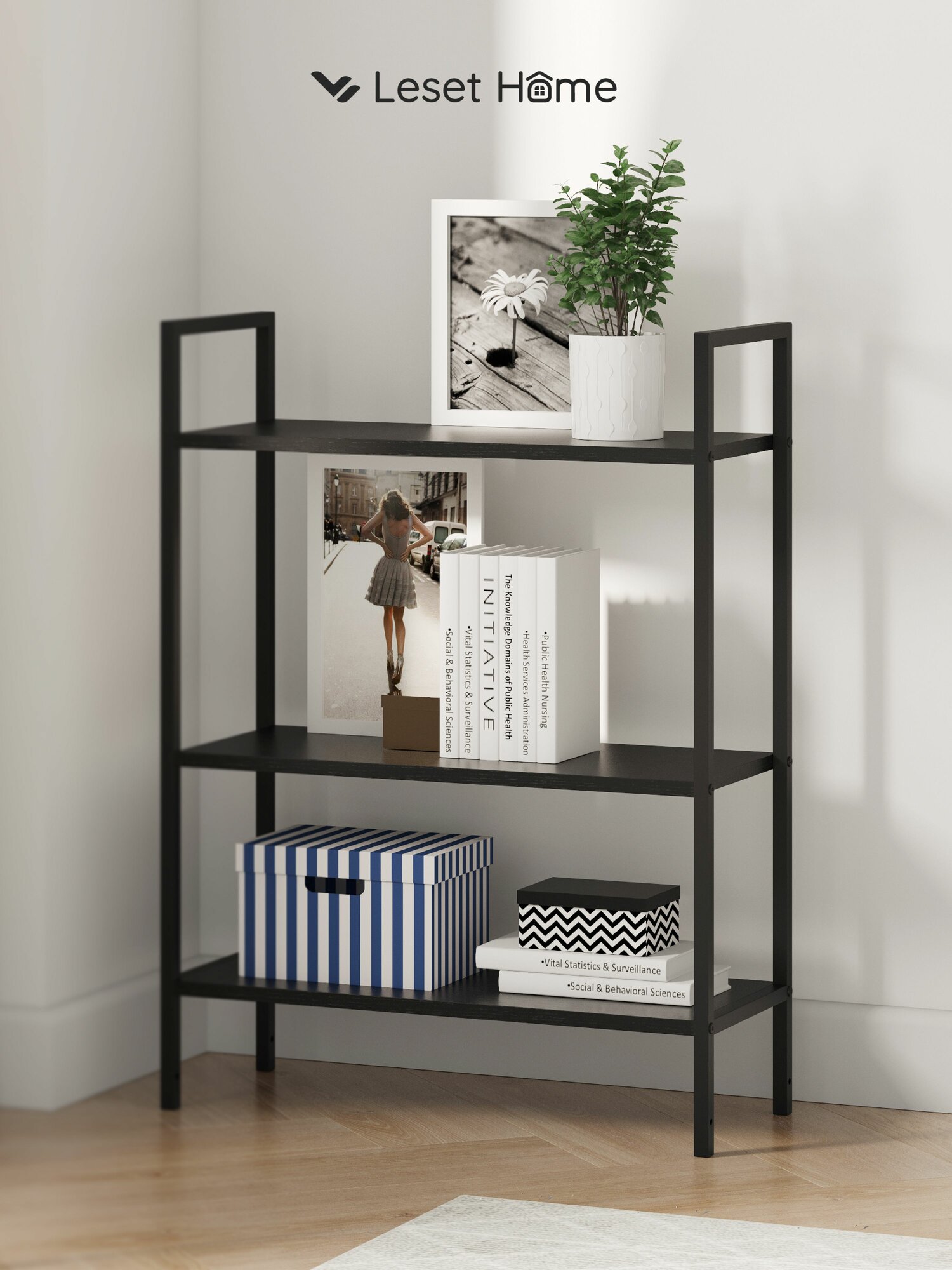 Стеллаж Leset "Стилвуд 23", открытый, металлический каркас, ЛДСП, чёрный, 3 полки