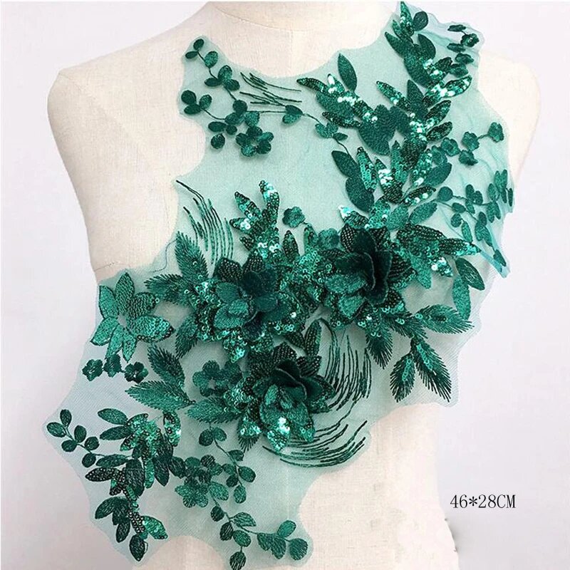 Изумрудная кружевная аппликация с цветами, 46*28см, Style 29