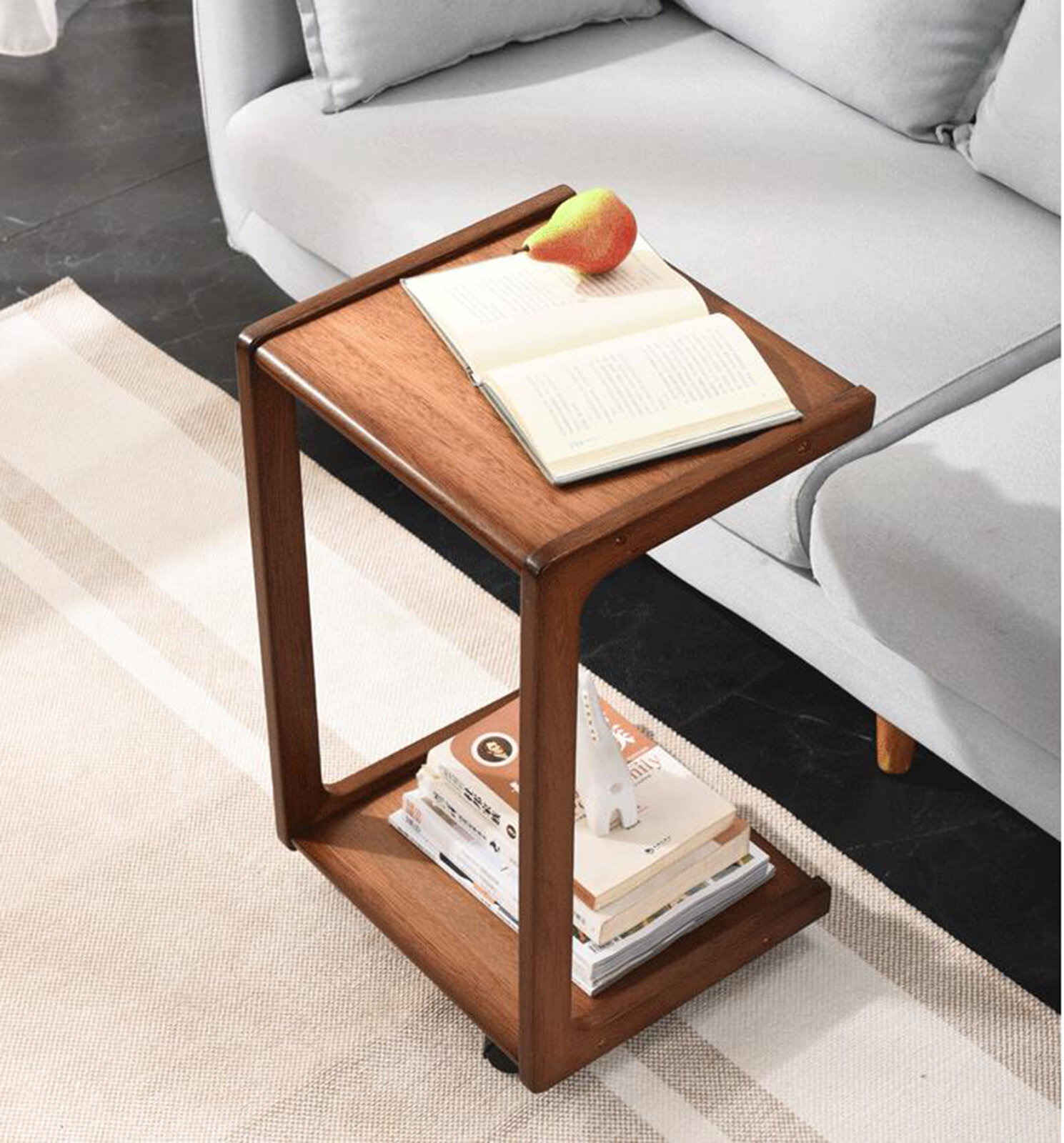 Приставной столик для дивана на колесиках, двухслойный с-образный деревянный каркас стола, длина 39/60/80 см