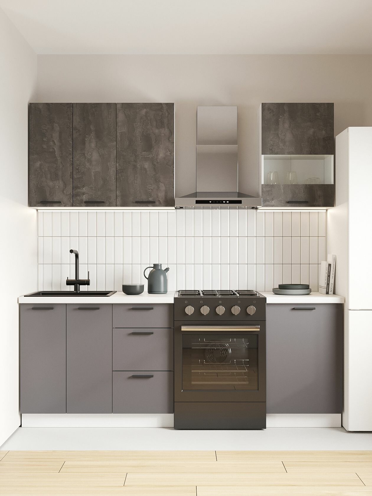 Кухонный гарнитур Урбан 1.5 м, мебель для дома и кухни, Белый / Камень темный со стеклом / Графит серый